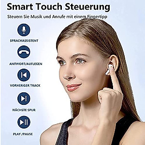 Wireless Headphones Bluetooth 3D HiFi Stereo Headphones in-Ear Built-in Mic with Charging Case, Touch Control Earphones for iPhone/Android - White