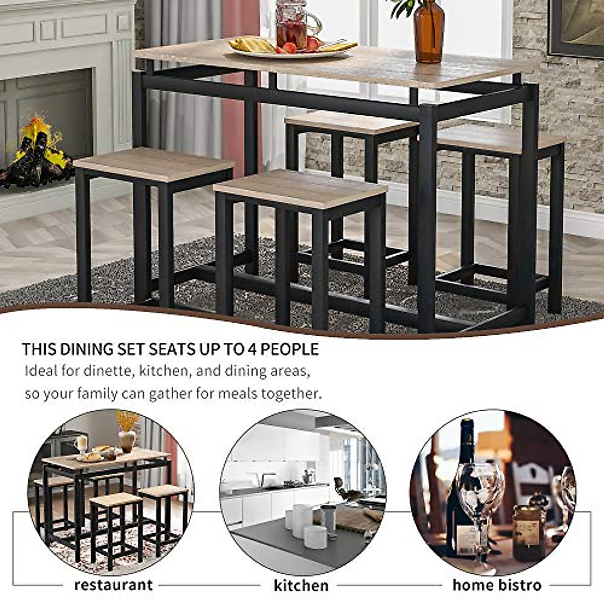 Rockjame Dining Table Set, Upgrade Version 5 Piece Counter Height Pub Table Set with 4 Chairs for The Bar, Breakfast Nook, Kitchen Room, Dining Room and Living Room (Oak)