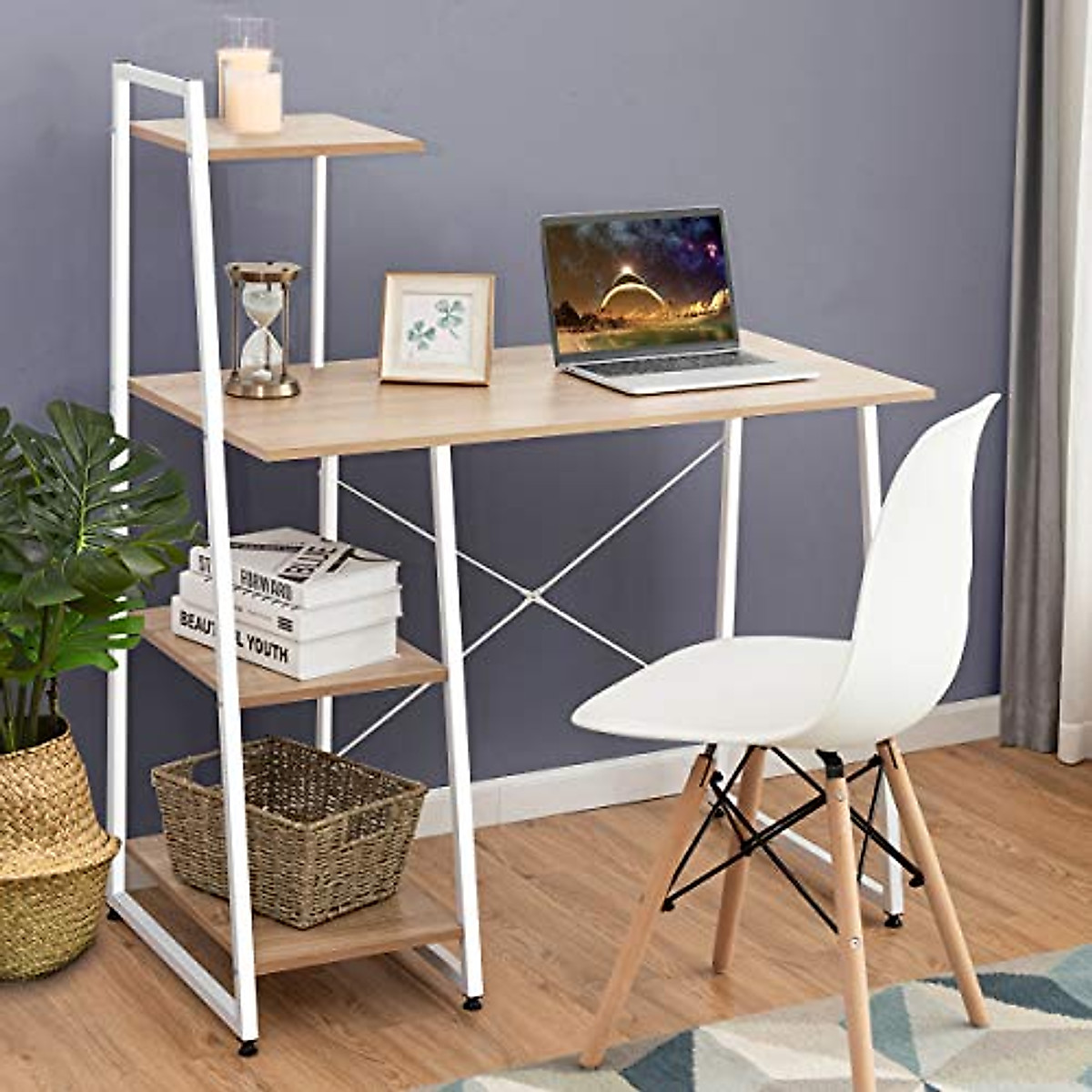 Tangkula Computer Desk with 4 Tier Shelves, Writing Desk Study Desk, Compact Computer Desk Workstation with X-Shaped Metal Frame & Adjustable Foot Pads, Home Office Desk (Natural)