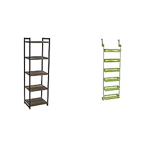 Household Essentials 5 Tier Storage Tower Metal, Grey Shelf – Black Frame, Ashwood & 6-Tier Basket Over-The-Door Organizer, Lime
