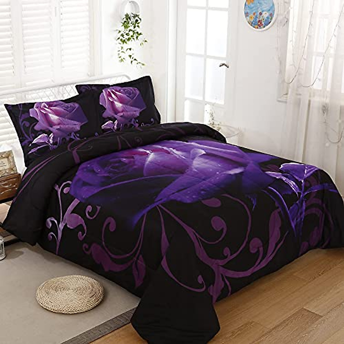 Purple Comforter Set Full Reversible Purple Rose Pattern Printed Bedding Down Comforter with 2 Pillow Cases for All Seasons, Soft Microfiber Bedding Comforter Duvet Set for Full Bed 80"x90"