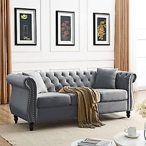 SZUBEE Modern 80" Chesterfield Grey Velvet, 3 Seater Sofa Tufted Couch with Rolled Arms,Nailhead andtwo Pillows for Living Room, Bedroom, Office, Apartment