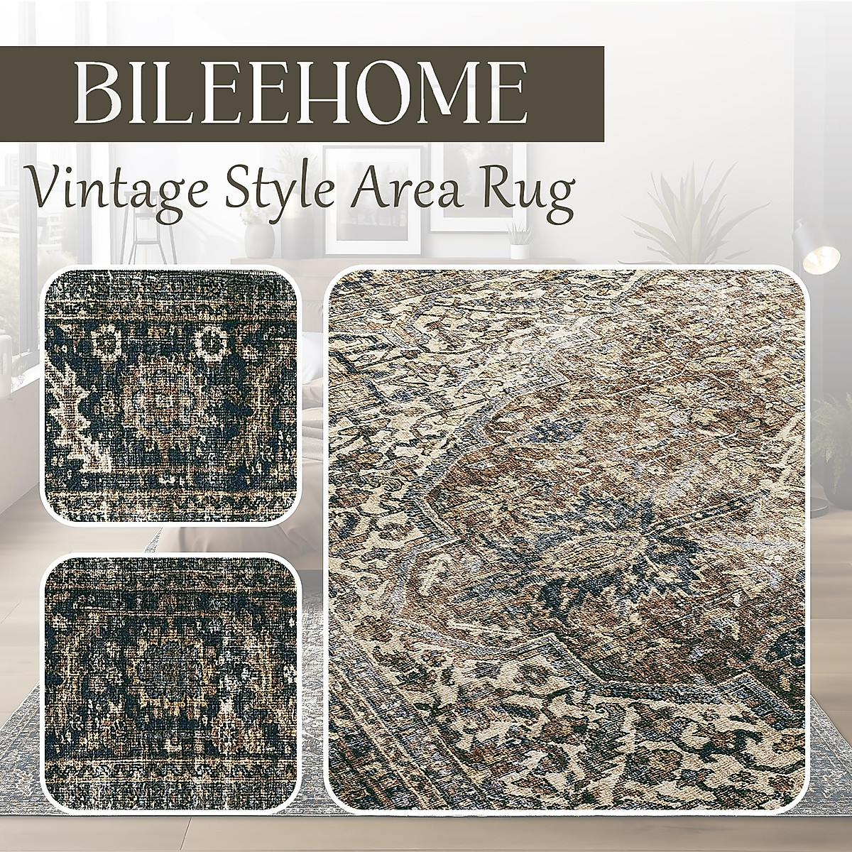 BILEEHOME Brown Rug for Living Room 8x10 Washable Organic Rustic Western Area Rugs for Cabin,Brown and Teal Blue