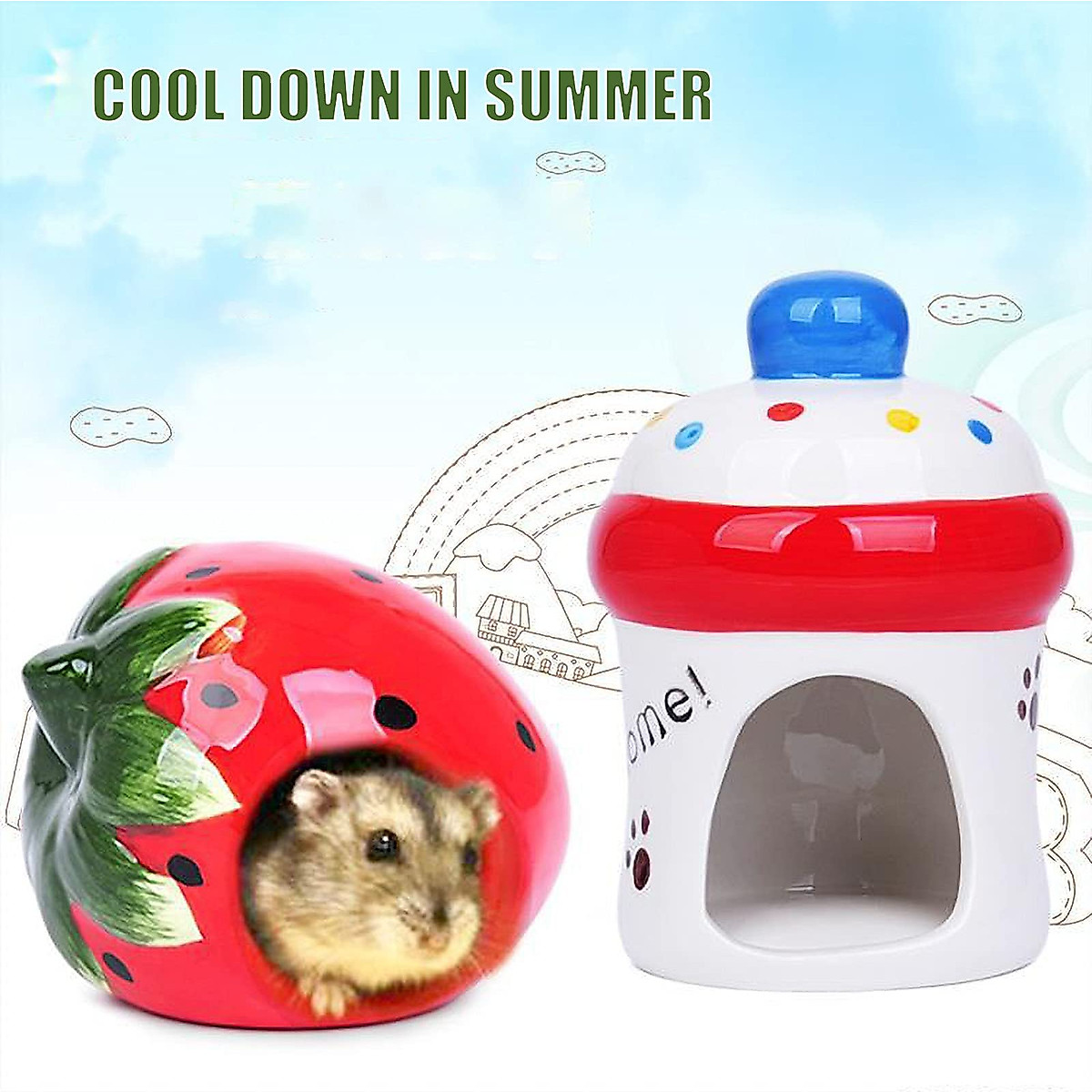 A/A Hamster Hideout Ceramic Pet House Cartoon Shape Hamster House Mini Hut Cage Critter Bath House for Chinchilla Hamster (Strawberry)
