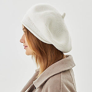 Women French Beret Hat Beanie Winter Knit Knitted Warm Wool Slouchy Paris Basque Baret Barrette Artist Cap White Classic Solid Color, Boinas de Mujer, Gifts for Ladies