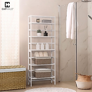 CAPHAUS 6-Tier Bamboo Shelf, Bamboo Open Storage Bookcase with Adjustable Layer, Freestanding Plant Display Stand, Multifunctional Storage Rack Stand for Bathroom, Bedroom, Kitchen, White