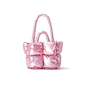 Large Puffer Tote Bag, Trendy Luxury Chic Quilted Cotton Padded Designer Handbags for women, Winter Soft Puffer Shoulder Bag Nylon Down Pillow Bag Women's Handbags & Shopper Bag (Z-Shiny Pink)