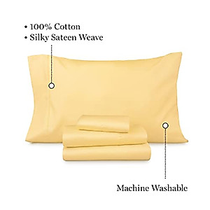 MARTHA STEWART 100% Cotton Queen Sheet Set - 4 Piece, Soft, Smooth, Durable, Easy Care, 16" Deep Pocket Sheets, Bedding Sheets, Sateen Sheets, 1 Flat, 1 Fitted, 2 Pillowcases, Yellow