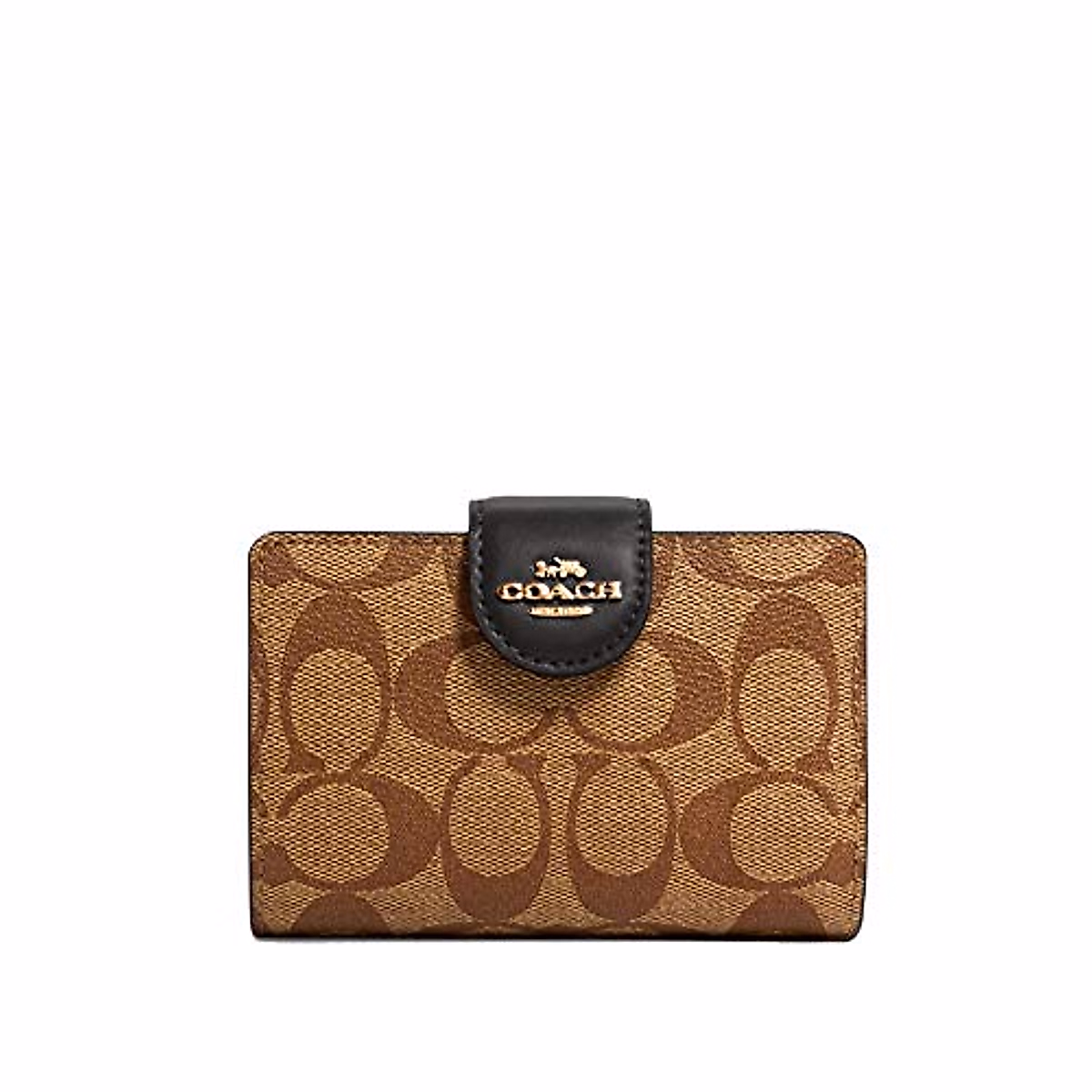 COACH Signature Medium Leather Corner Zip Wallet in Khaki-Black, Style C0082