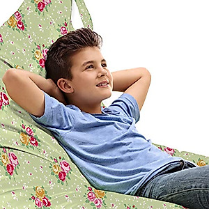 Lunarable Vintage Botany Lounger Chair Bag, English Garden Themed Repetition of Roses and Dots, High Capacity Storage with Handle Container, Lounger Size, Pale Green Pink