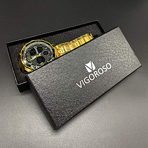 VIGOROSO Mens Watches Multi Times Military Gold Watch Chronograph Digital Analog Stainless Steel Wrist Watch for Men/Gents Waterproof