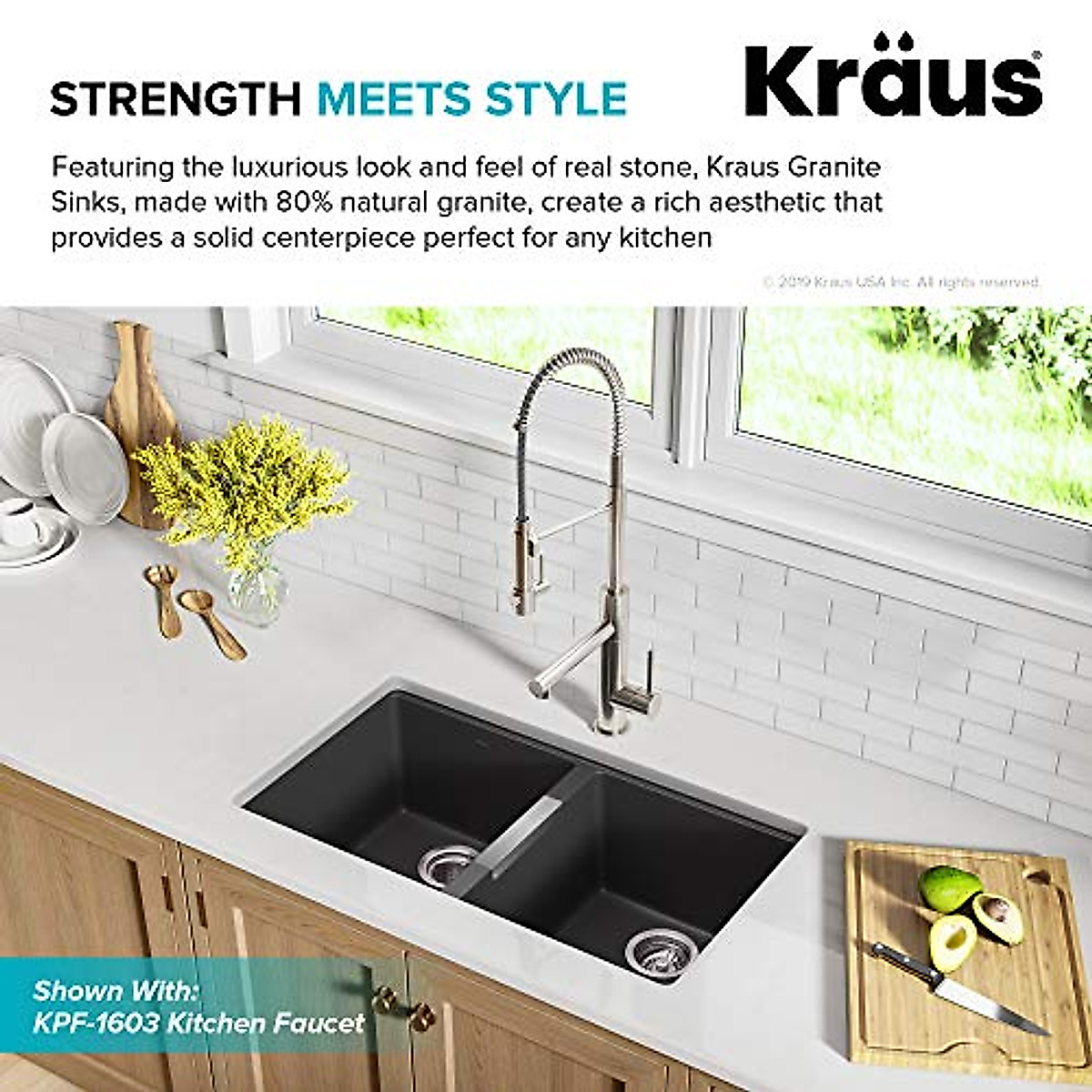 Kraus KGU-434B Undermount 50/50 Double Bowl Granite Kitchen Sink, 32.5-Inch, Black