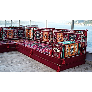 Maroon L Shaped Floor Couch, Sectional Sofa Set, Floor Pillow, Arabic Majlis, Moroccan Livingroom Cushion, 4" Thickness Corner Floor Seating Set (L Sofa Only, 8'' Thickness (20 cm))