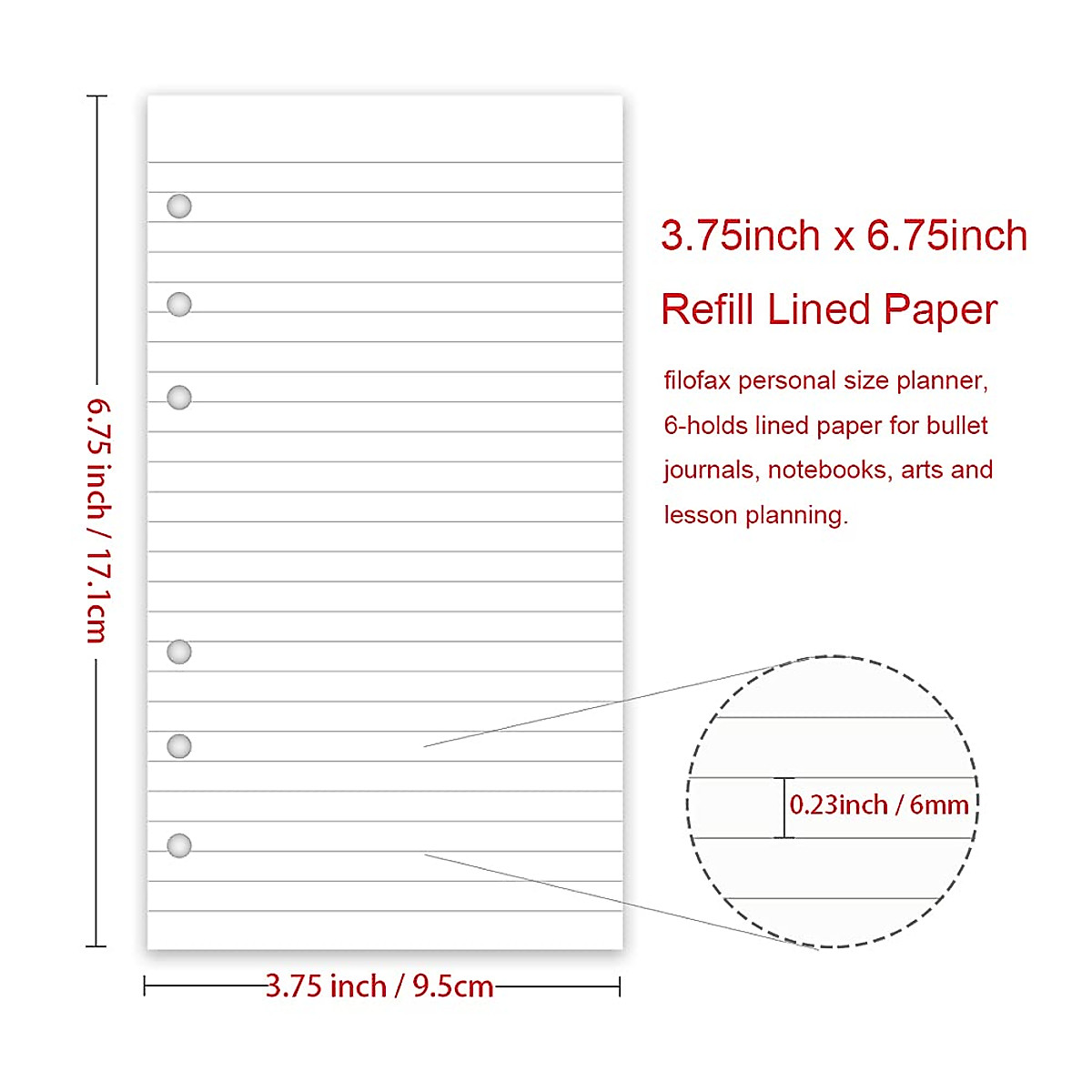 (2 Pack) A6 Lined Refill Paper, 200 Sheets/400 Pages Loose Leaf Paper for Filofax Personal Binders, 6 Holes Punched, 100gsm Ruled White Pages, 3.75'' x 6.75''