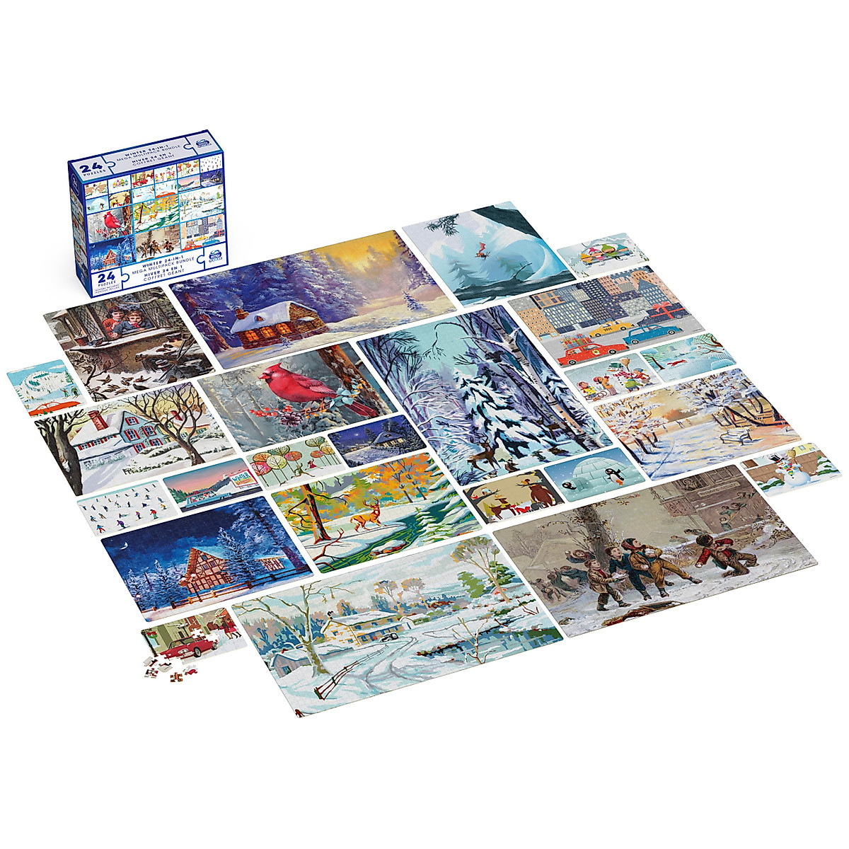 24 Jigsaw Puzzle Bundle, Holiday Winter Snow Illustration Landscape, 1000, 500, 300, 100, 48, 24 Pieces, for Kids and Adults Ages 8 and up