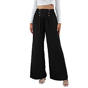ODIZLI Palazzo Pants for Women Petite Wide Leg Trousers Women Elastic High Waist Wide Leg Dress Pants Flowy Beach Pants Boho Pants Casual Loose Lounge Trousers Linen Pants for Women Black XL