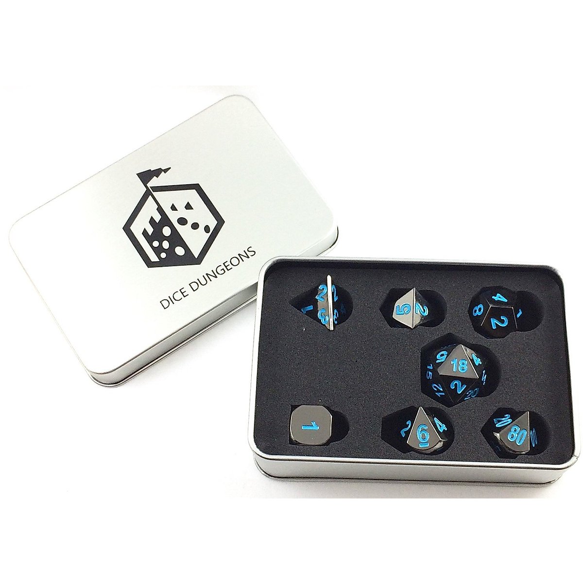 Dice Dungeons Black Frost Metal 7pc Dice Set with Display Case for D&D and Other RPGs