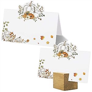 Whaline 100Pcs Fall Place Cards 3.5 x 2 Inch Pumpkin Leaves Tented Cards Autumn Seating Cards for Thanksgiving Party Table Setting Supplies
