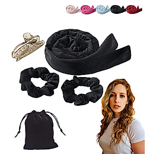 Heatless Curling Rod Headband For Long Hair Curls, 60‘’ Leveling Up Velour Heatless Hair Curler, TikTok Heatless Curls with Hair Clips and Scrunchie for Sleeping(Black)