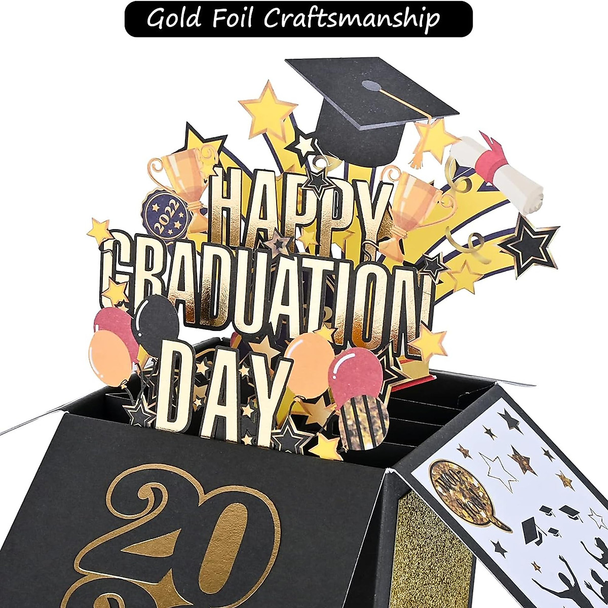POPGIFTU 2024 Graduation Pop Up Card, Black Gold Pop Up Congrats Grad 2024 Greeting Card with Envelope, Congratulations Graduation Gifts for 2024 High School College University Graduates