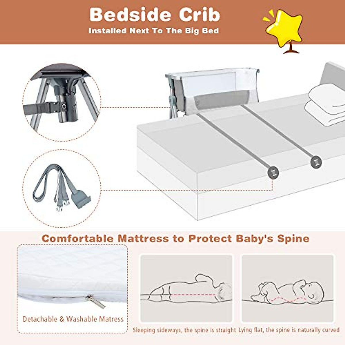 BABY JOY Bedside Bassinet, Portable Baby Crib w/Mattress, Two-Side Breathable Mesh, 7 Height Adjustable, Large Storage, Wheels for Easy Movement, Crib for Newborn Infant, Bassinet for Baby, Grey