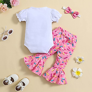 GRNSHTS Baby Girl Birthday Clothes Sweet One Letter Short Sleeve Romper+Donuts Flared Pants+Headband 3Pcs Cake Smash Outfits (Donuts White,9-12M)
