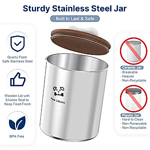 31 oz/10 cups Stainless Steel Dog Treat Container Airtight with Wooden Lid to Keep Fresh, Metal Dog Food Storage Container with Ceramic Bone Handle, Easy Clean Dog Treat Jar, Cat Treat Container Bin