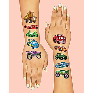 xo, Fetti Cars and Trucks Temporary Tattoos for Kids - 42 Foil style | Birthday Party Supplies, Race Car Party Favors + Construction Decor