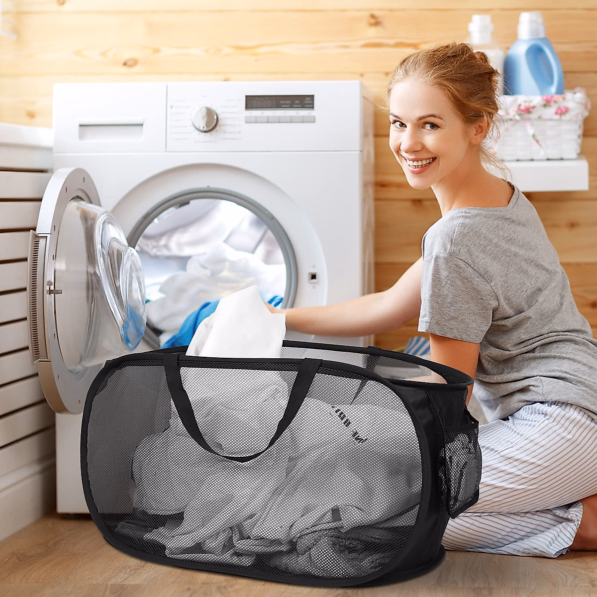 Durable Collapsible Laundry Baskets, Foldable Pop Up Laundry Basket, Mesh Clothes Hamper with Handy Pocket Reinforced Carry Handles for Laundry, Bathroom, Dorm, Travel Black+Grey+White