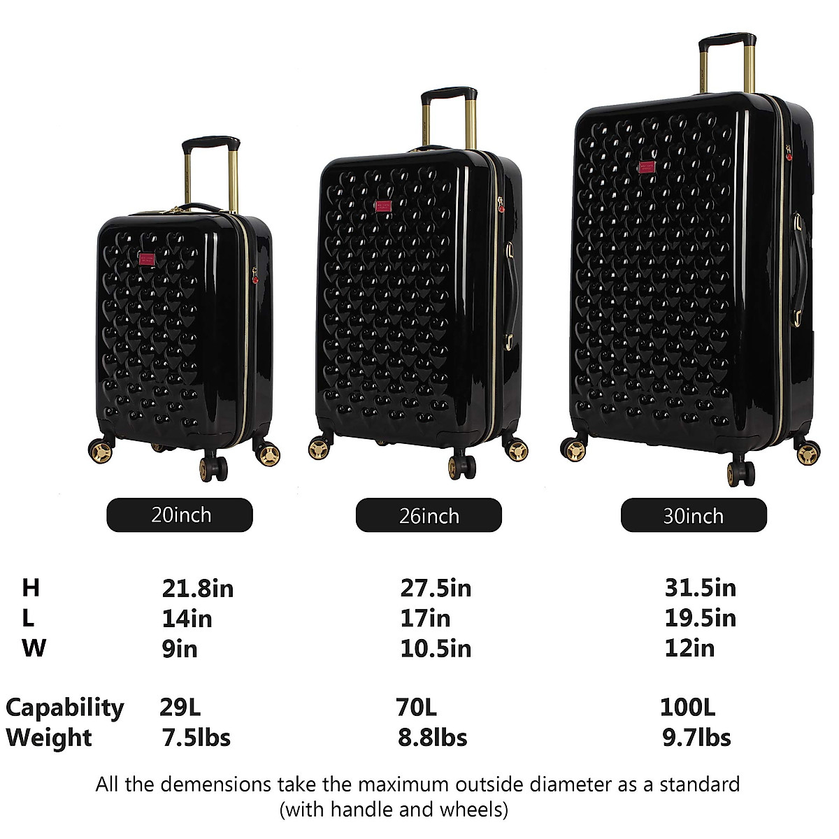 Betsey Johnson Luggage Hardside 3 Piece Set Suitcase With Spinner Wheels (20" 26" 30") (One Size, Heart to Heart Black)