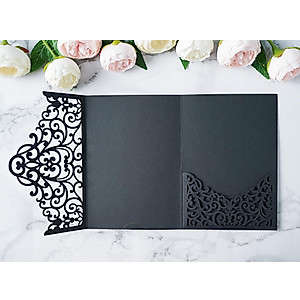 ponatia 20PCS Black Laser Cut Wedding Invitations Pockets, Tri-fold 5x7 Laser Cut Invitation Pockets for Wedding Bridal Shower Quinceanera 15 Anos Invite (No Envelopes & Inner Sheets)
