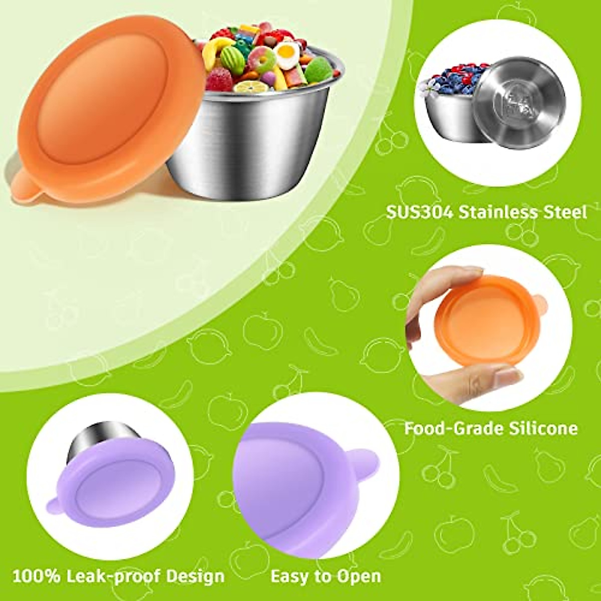 Salad Dressing Container To Go, Small Reusable Condiment Cups Containers with Leakproof Silicone Lids, Stainless Steel Kids Dipping Sauce Cups Food Storage for Lunch Box, Travel, 6 Pack - 1.6oz & 2oz