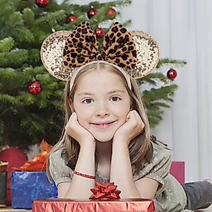 1 Pcs Mouse Ears Headband and 1 Pcs Mouse Ears Scrunchies with Bow Hairs Accessories for Girls Women Boys Birthday Party (Leopard)