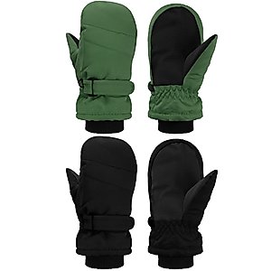 SATINIOR 2 Pairs Kids Snow Mittens Waterproof Winter Ski Gloves Warm Thicken Snow Gloves for Girls Boys (Black, Army Green, 3-5 Years)