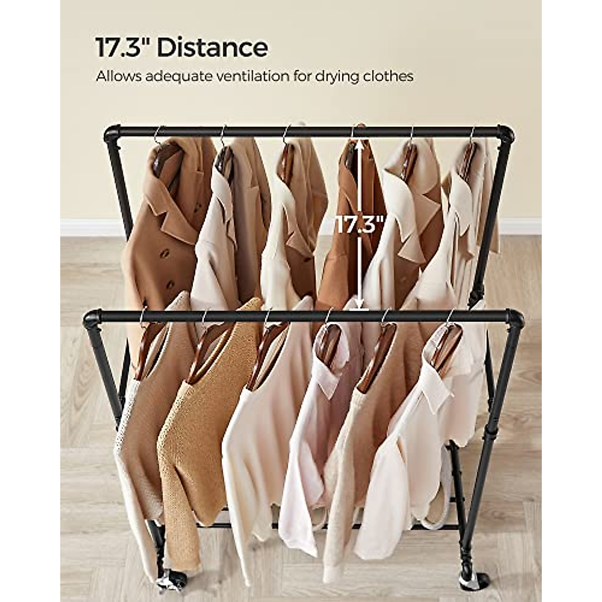 SONGMICS Heavy Duty Clothes Rack, Industrial Pipe Clothing Rack with Shelf, Double Rod Garment Rack on Wheels, Commercial Grade, for Hanging Clothes, Storage Display, Black UHSR60B