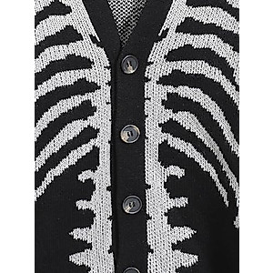 SHENHE Men's Skeleton Print Long Sleeve Cardigan Sweaters V Neck Button Down Outwear Coats Black L