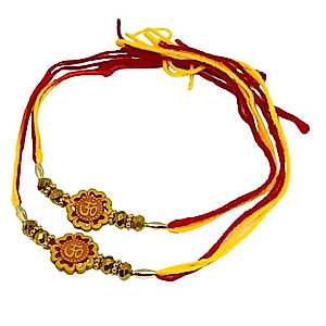 TheNext7 Set of 2 OM Rakhi for Brother Bhaiya Bhabhi Traditional, Flower Om Pendant with Golden Beads and Rings Rakhi Thread