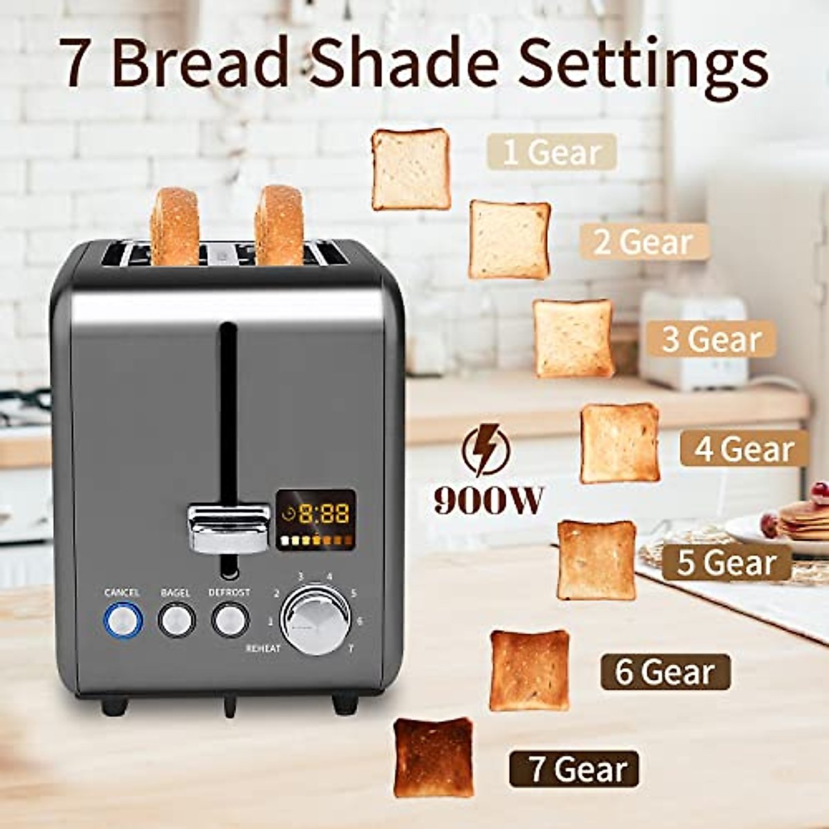SEEDEEM Toaster 2 Slice, Stainless Steel Bread Toaster with Colorful LCD Display, 7 Bread Shade Settings, 1.4'' Wide Slots Toaster with Bagel/Defrost/Reheat Functions, Removable Crumb Tray, 900W, Dark Metallic
