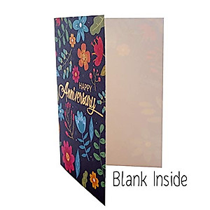 Anniversary Card - Gold Foil Multicolored Floral Dark Blue Textured Greeting Card with Kraft Envelope - 5" x 7" - Happy Anniversary Card For Couple, Valentine, Employee, Him or Husband - Blank Inside