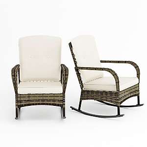 BALDPER 6 Pieces Patio Conversation Set, Outdoor Rocking Chairs, Wicker Bistro Set, Outdoor Furniture Set with Porch Chairs and Coffee Table for Deck Garden Poolside, Beige