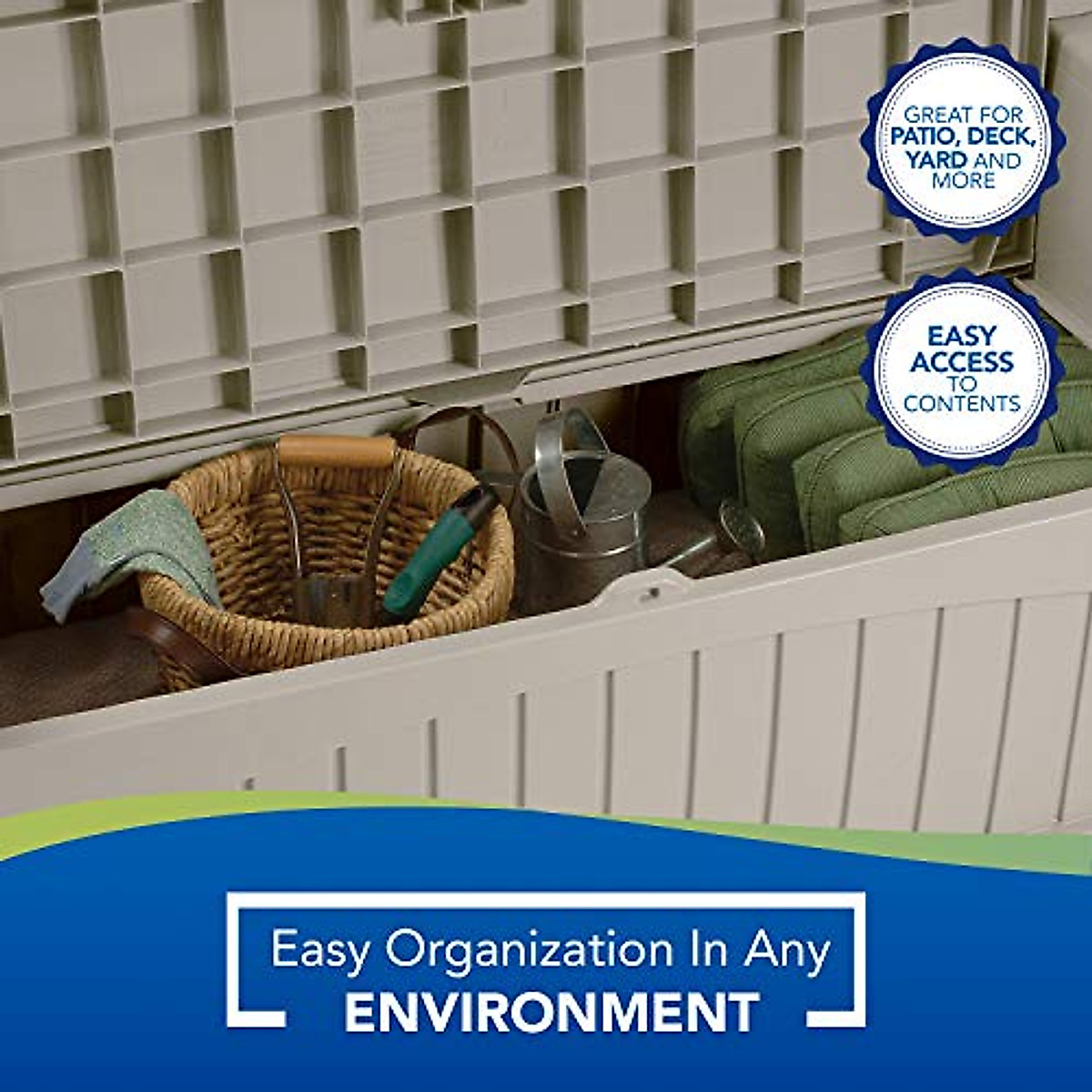 Suncast 50 Gallon Patio Bench with Storage - Decorative Resin Outdoor Patio Bench for Deck, Patio, Garden, Backyard - Ideal for Storing Toys, Cushions, Tools - Taupe ()