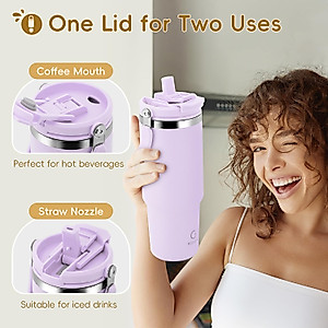 VUSIGN 30 oz Tumbler with Handle and Flip Straw, Stainless Steel Vacuum Insulated Water Bottle Travel Mug Thermal Cup for Home, Office, Car, Outdoors, Sports, Orchid