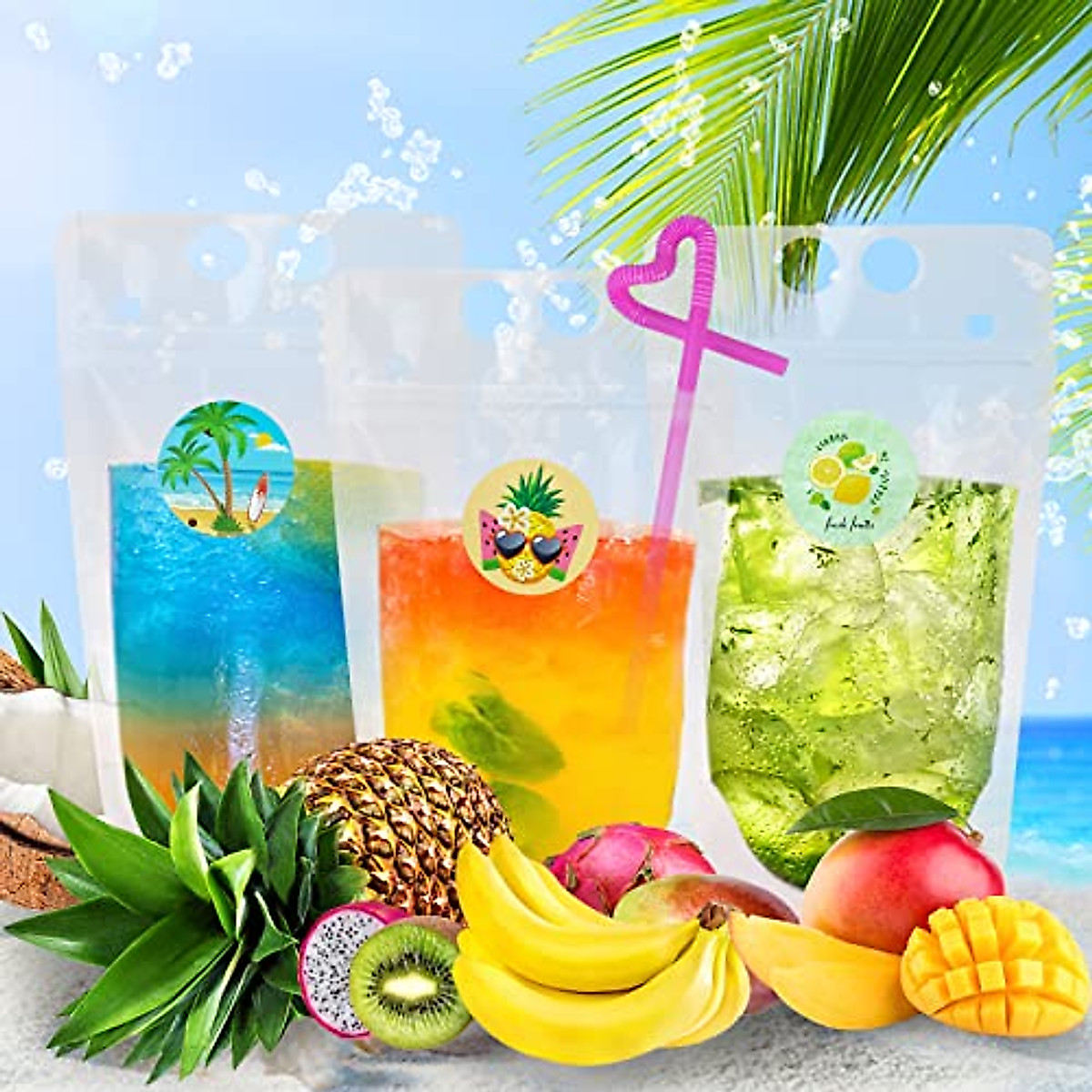 100 Pcs Drink Pouches for Adults Stand-Up Juice Pouches, Hand-Held Reclosable Drink Bags Plastic Zipper Juice Bags with Straws Silicone Funnel(Come with 100 Pcs Round Stickers)