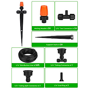 Landtouch 50ft Micro Drip Irrigation Kit, Micro Drip Irrigation System Kit with Adjustable Misting Nozzle Sprinkler, Tubing and Connectors, Watering for Garden, Flower Beds, and Potted Plants