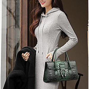 Crocodile Pattern Leather Top Handle Satchel Handbags for Women Medium Fashion Ladies Shoulder Bag Tote Purse (Green)