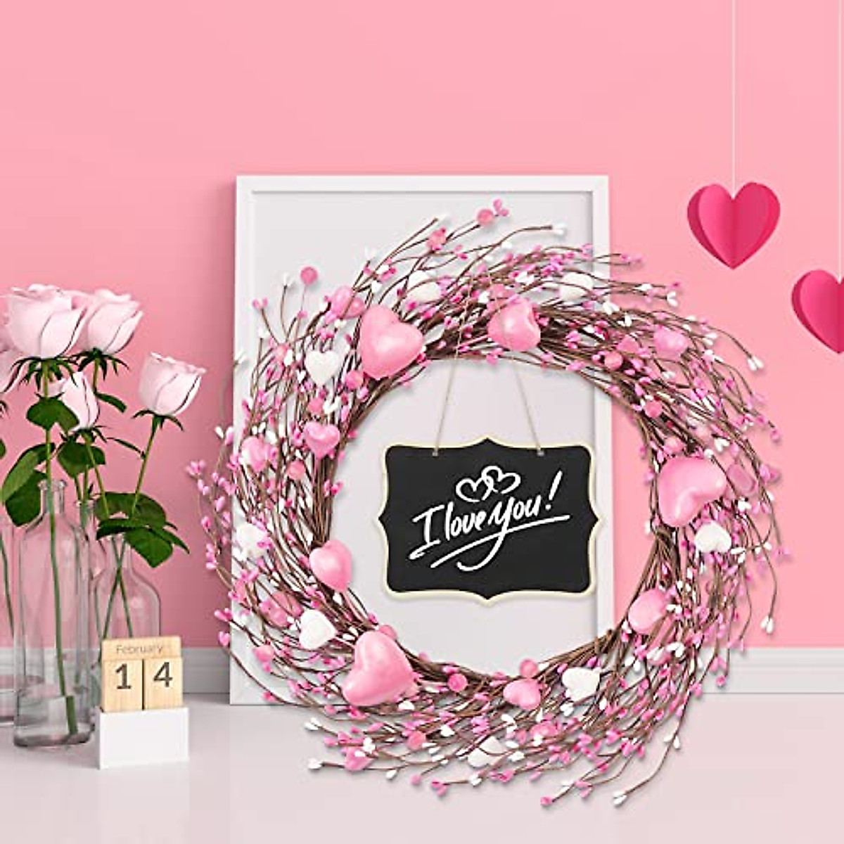 Artflower Pink Pip Berry Wreath Heart Shaped Artificial Decoration Rustic Twig Fake Garland Handmade Festival Gifts for Valentine's Day Wedding Garden Door Wall Hanging Home Indoor Office Decor
