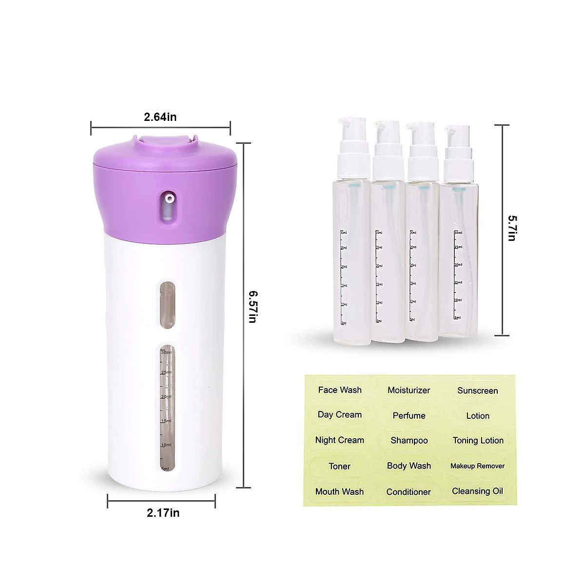 Travigo 4-in-1 Travel Dispenser Bottle, TSA Approved,Includes Four Empty Reusable 1.4 oz. (40 mL) Cosmetic Toiletry Containers for Sanitizer, Soap, Lotions, Skincare, Makeup Products (Purple)