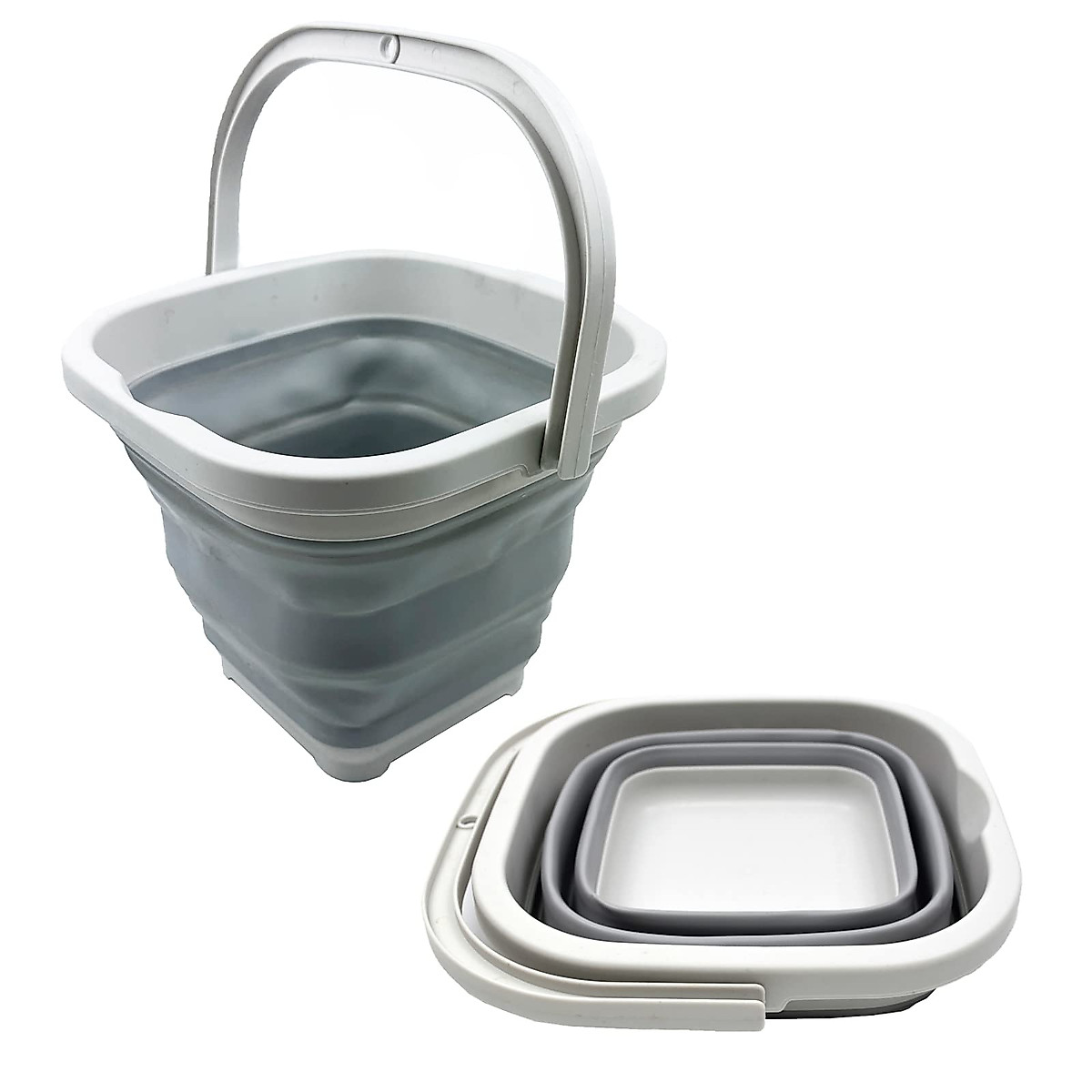 SAMMART Set of 2-5L (1.3 Gallon) Sqare Collapsible Plastic Bucket - Foldable Square Tub - Portable Fishing Water Pail - Space Saving Outdoor Waterpot (2, Grey)
