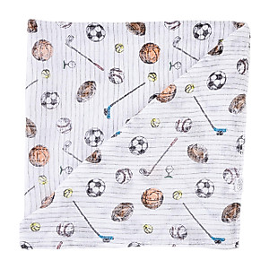 Mud Pie Cotton Muslin Baby Swaddle, Sports Print, 47"x47" Featuring Football, Baseball, Basketball, Golf, Hockey, and Tennis