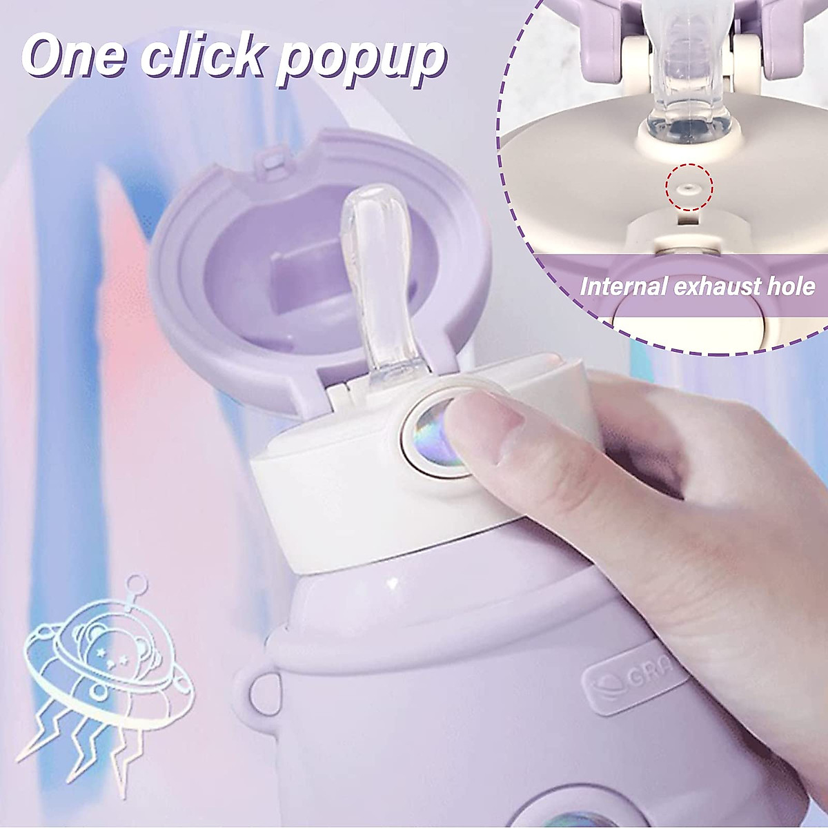 Kawaii Water Bottle with Straw: 17oz Cute Water Bottles, Stainless Steel Water Bottle with Stickers and Adjustable Strap, Portable Cartoon Astronaut Thermos for School Outdoor Sports Travel (Purple)